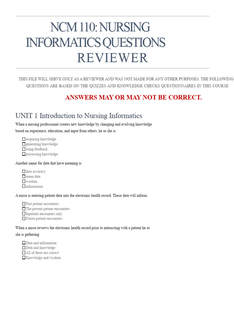 NCM 110 Nursing Informatics Reviewer Questionnaire | PDF | Central ...