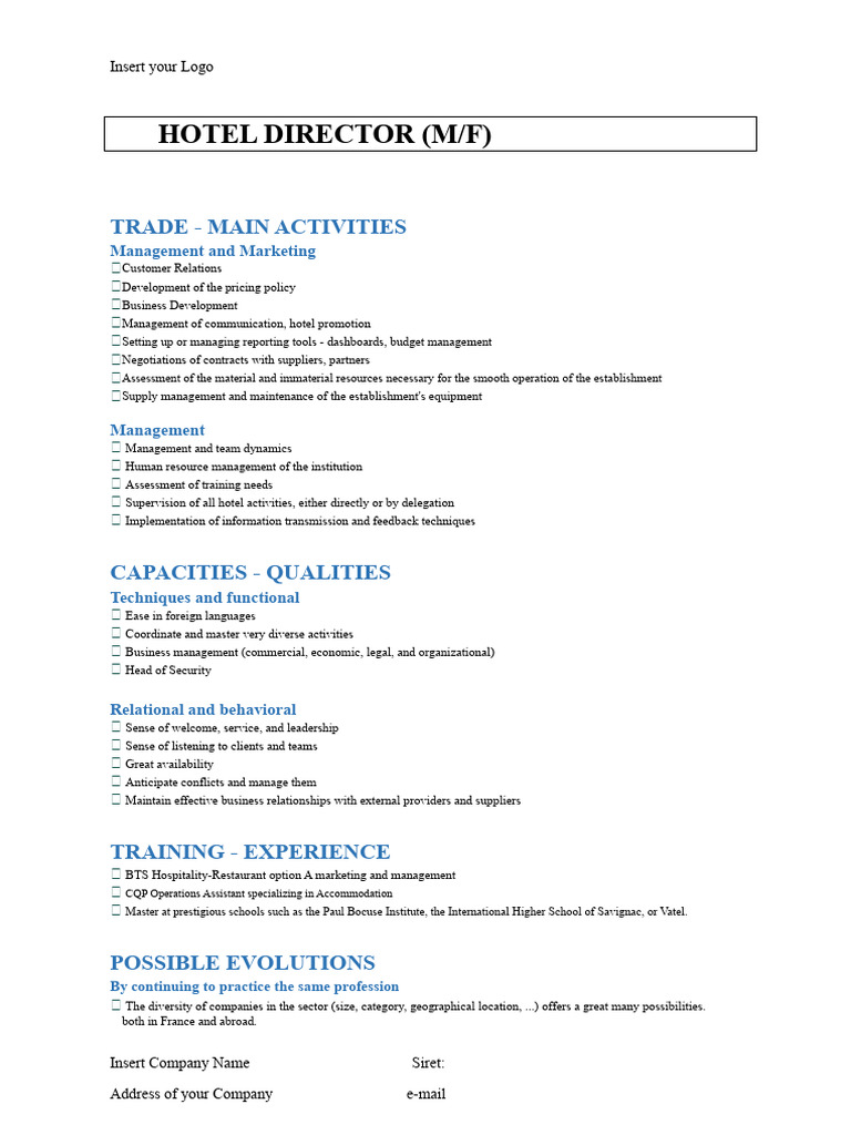 Job Description - Hotel Director - Editable - 09.09.2022 | PDF
