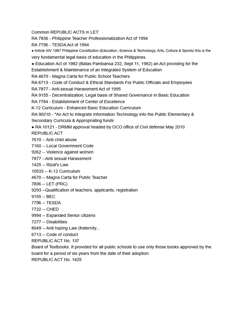 Common Republic Acts in Let | PDF | Curriculum | Teachers