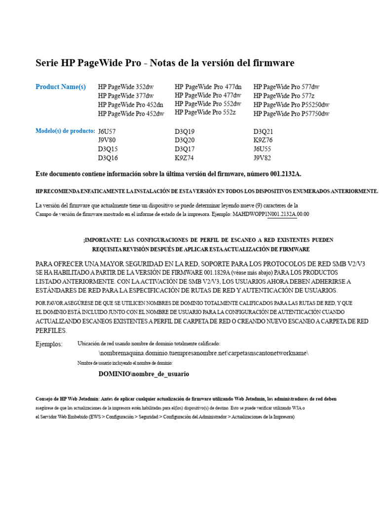 Firmware Readme de La Serie HP PageWide Pro VR 1.9.1 001.2132A | PDF ...