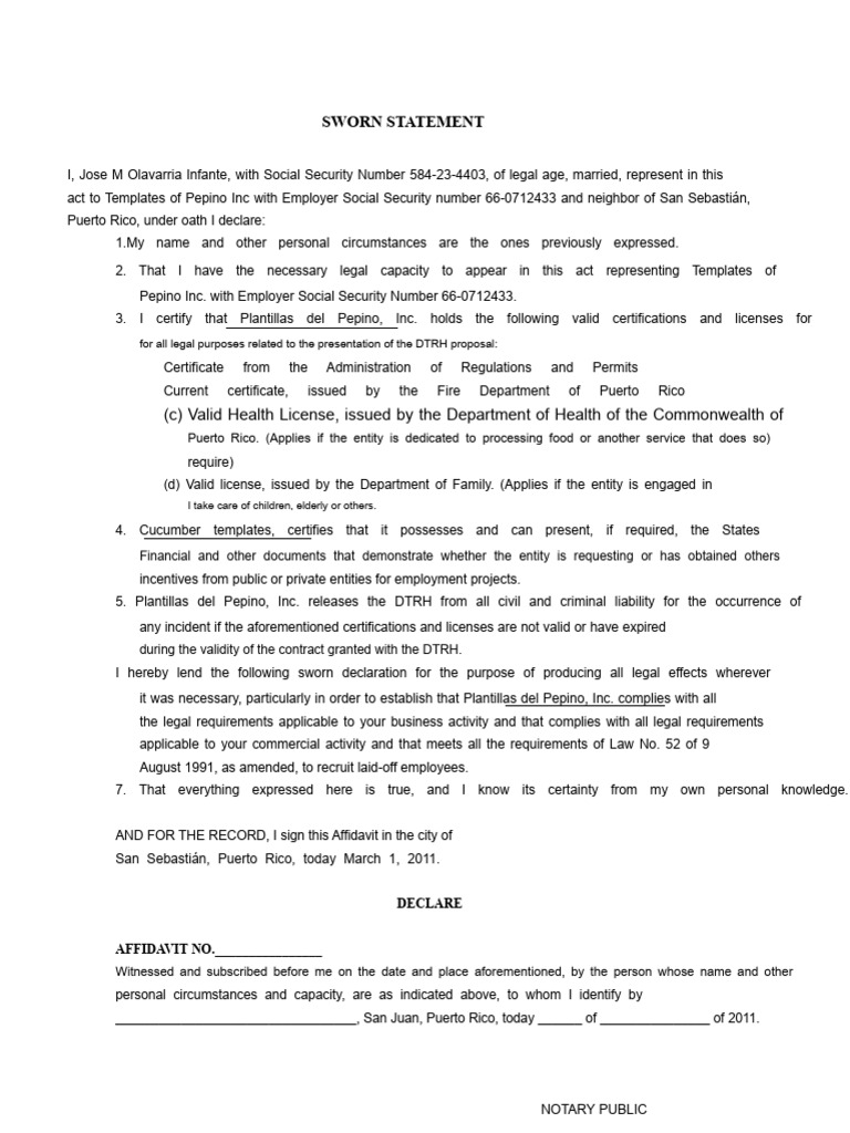 Model Sworn Statement | PDF | License | Notary Public
