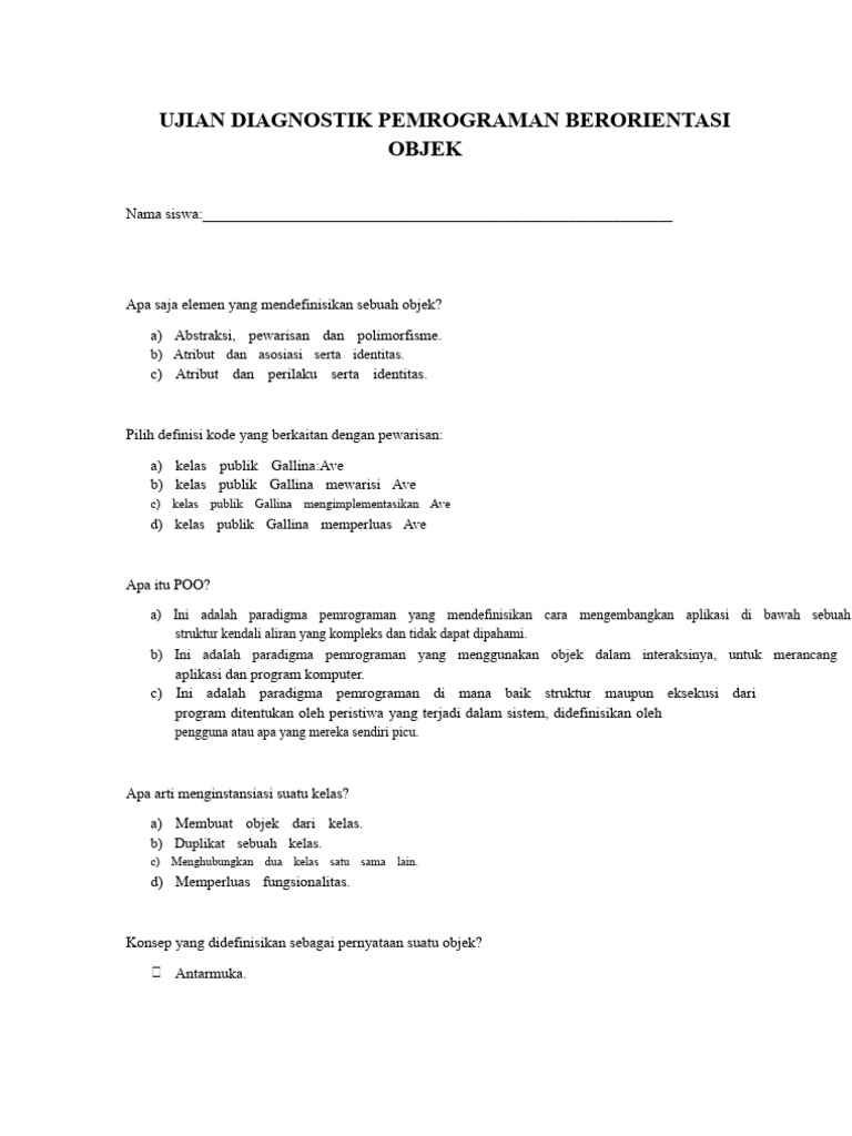 Ujian Diagnostik Pemrograman Berorientasi Objek | PDF