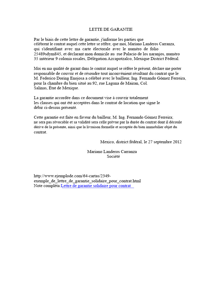 Lettre de garantie pour contrat de location | PDF