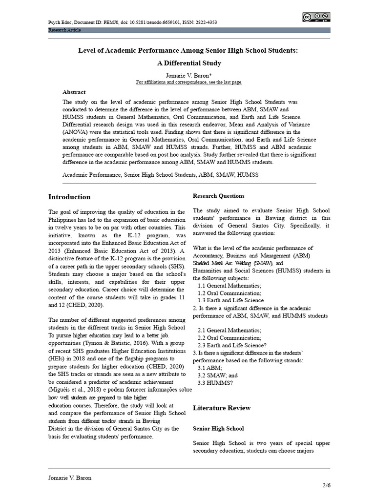 Level of Academic Performance Among Senior High School Students: A ...