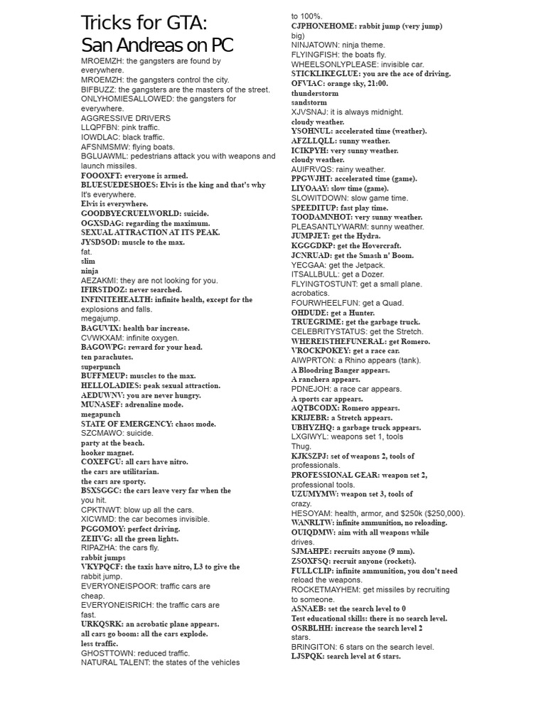 GTA San Andreas Cheat Codes Guide | PDF