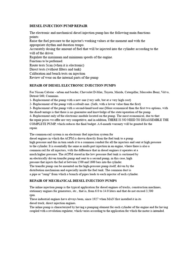 Diesel Injection Pump Repair | PDF | Fuel Injection | Diesel Engine