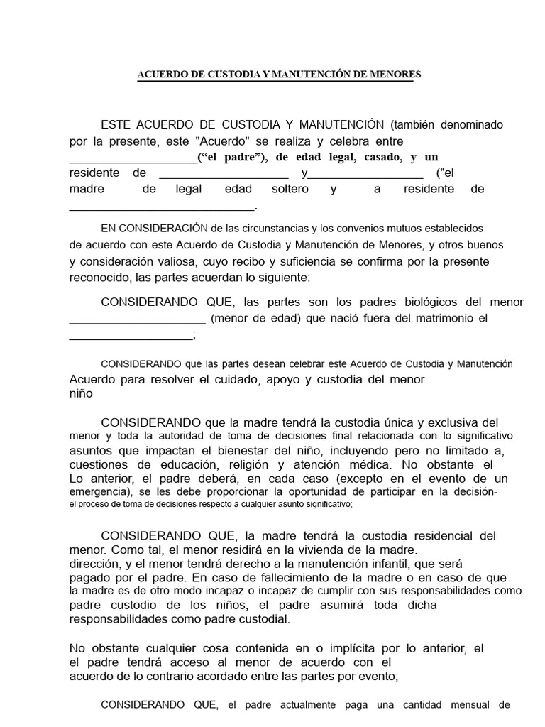 Acuerdo de Custodia y Manutención Infantil | PDF | Pensión alimenticia