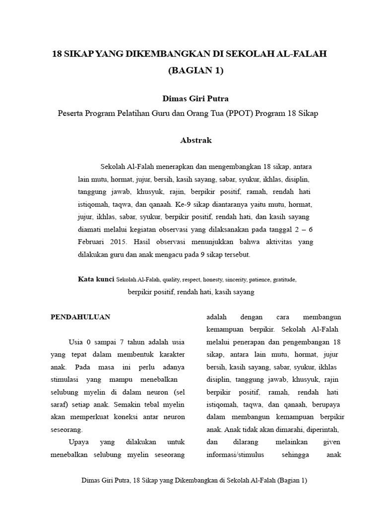 Jvrnal 18 Sikap Yang Dikembangkan Di Sekolah Al-Falah (Bagian 1) | PDF