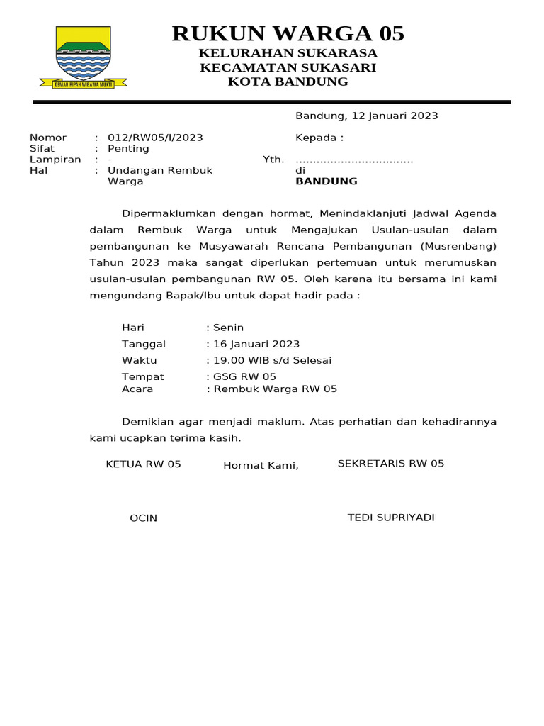Surat Rembuk Warga RW 05 | PDF
