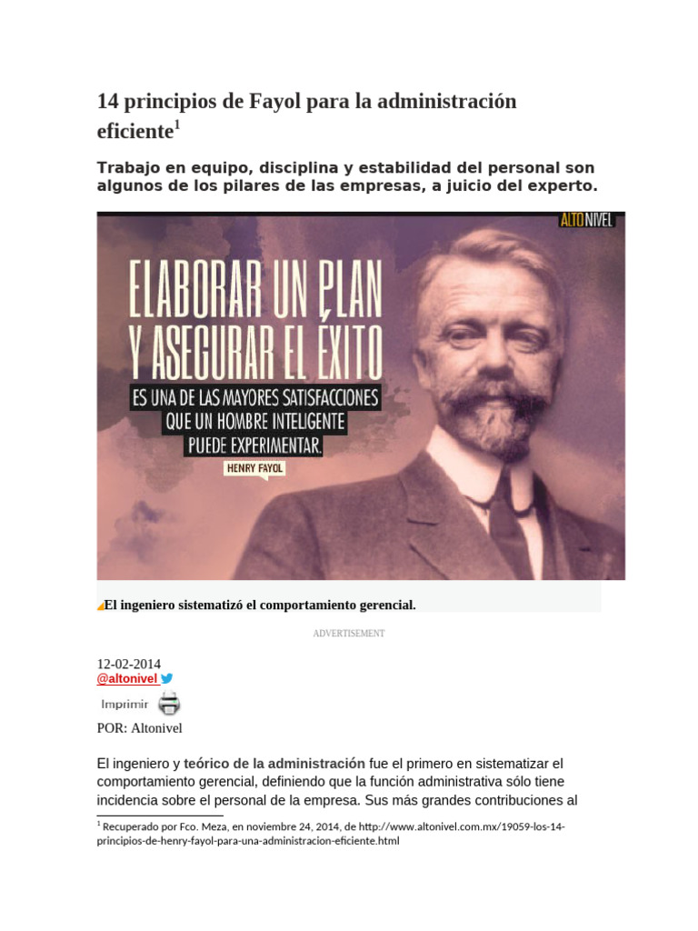 14 Principios de Fayol para Administrar | PDF | Business | Liderazgo