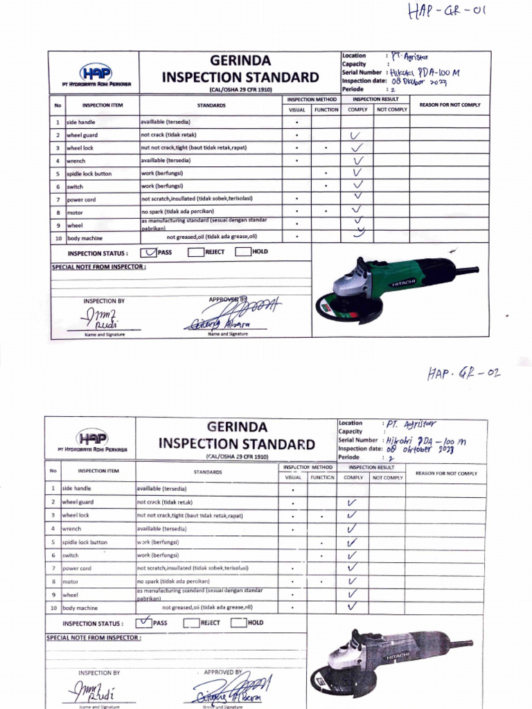 Inspeksi Gerinda Tangan | PDF