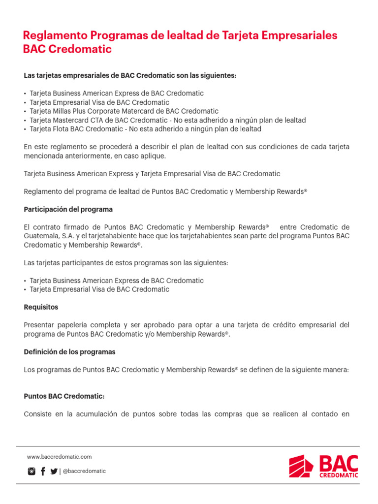 Reglamentos de Lealtad Tarjetas BAC Credomatic | PDF | Tarjeta de ...