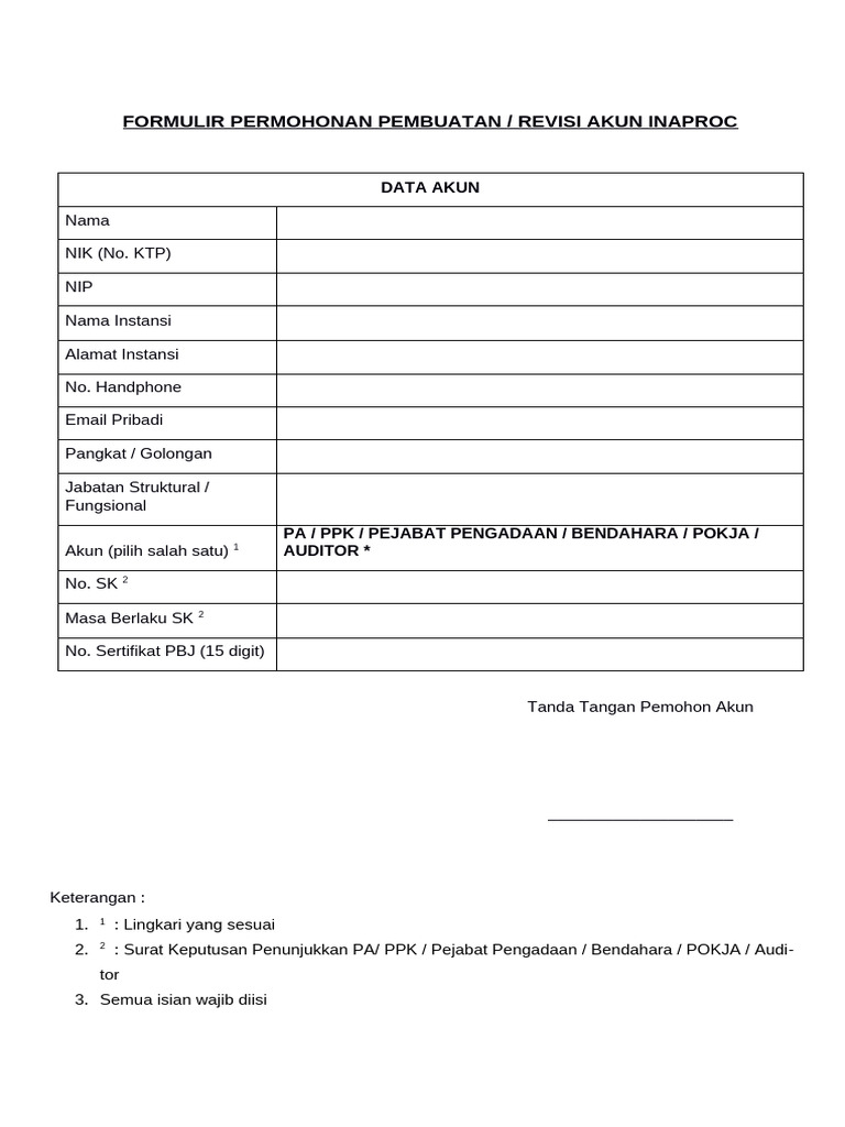 Form Pembuatan Akun INAPROC Upload | PDF