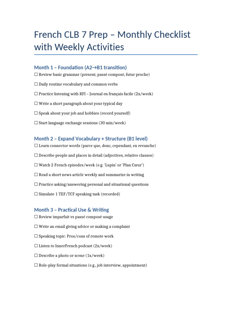 CLB 7 French Exam Prep Checklist | PDF