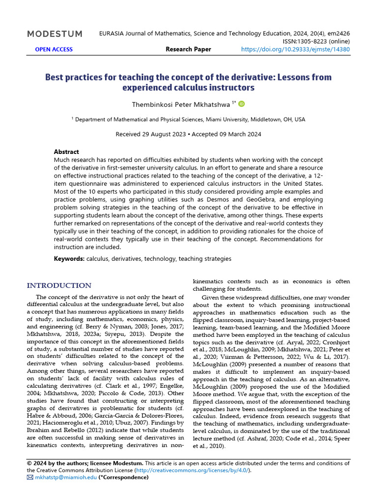 Best Practices For Teaching The Concept of The Derivative Lessons From ...