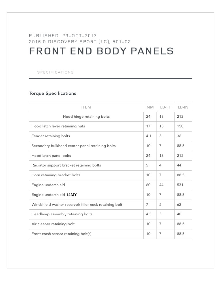 Front End Body Panel Specs 2016 Discovery | PDF