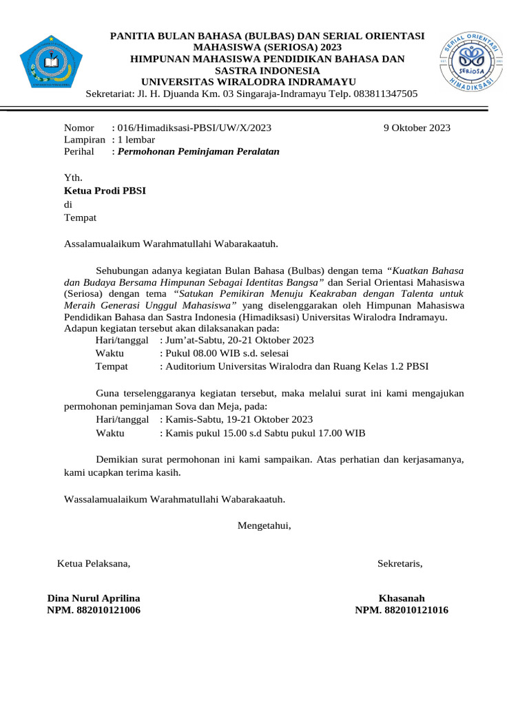 Surat Peminjaman Pikma | PDF