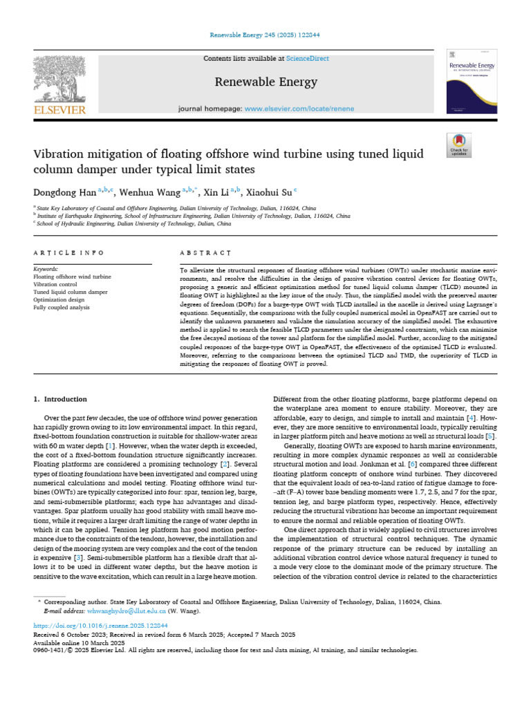 Vibration Mitigation of Floating Offshore Wind Turbine Using Tuned ...