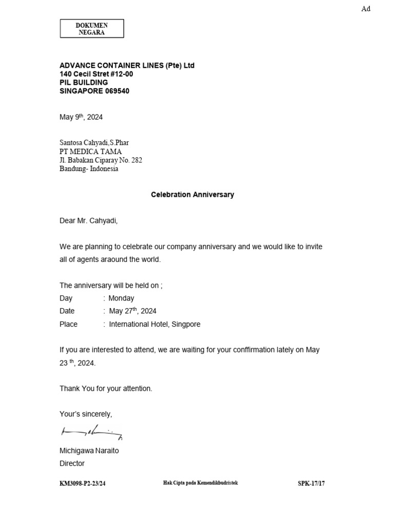 Advance Container Lines (Pte) LTD 140 Cecil Stret #12-00 Pil Building ...