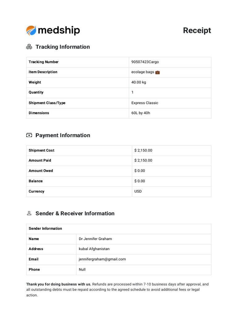 Shipment Receipt for Ecolage Bags | PDF