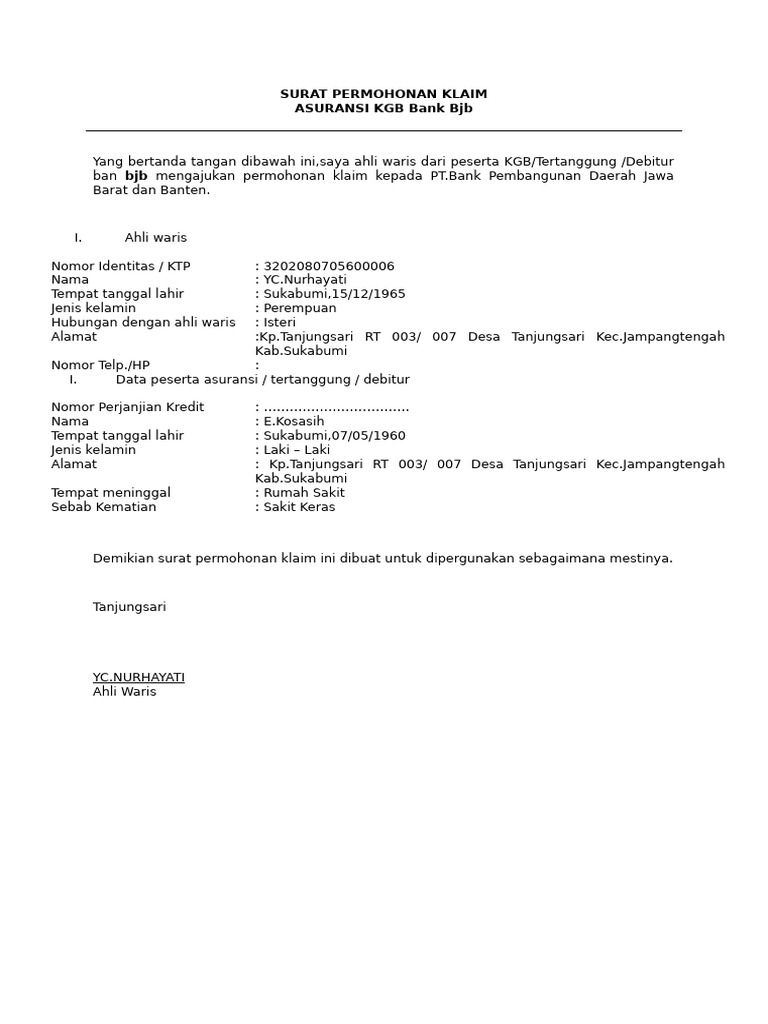 Surat Permohonan Klaim | PDF
