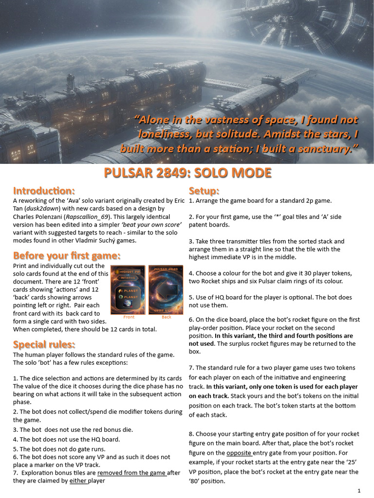 Pulsar 2849 Solo Mode Instructions | PDF | Dice