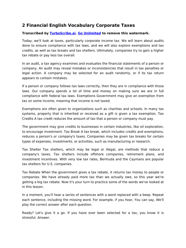 2 Financial English Vocabulary Corporate Taxes | PDF | Taxes | Taxation ...