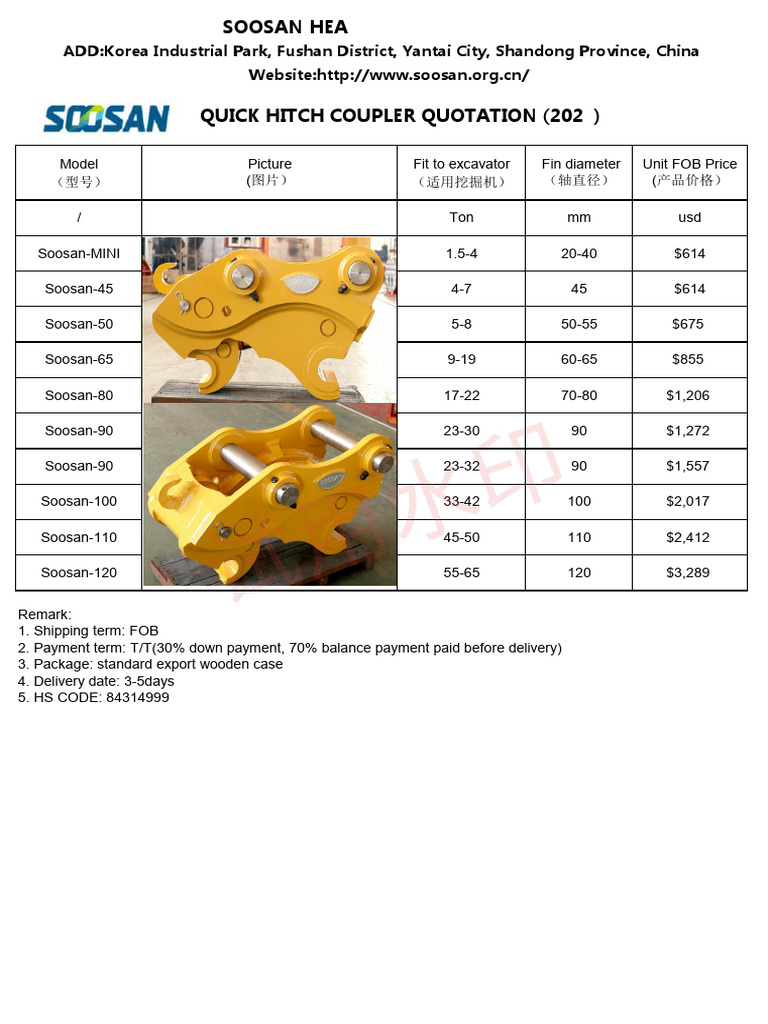 Soosan Quick Coupler Prices - 2024加水印 | PDF