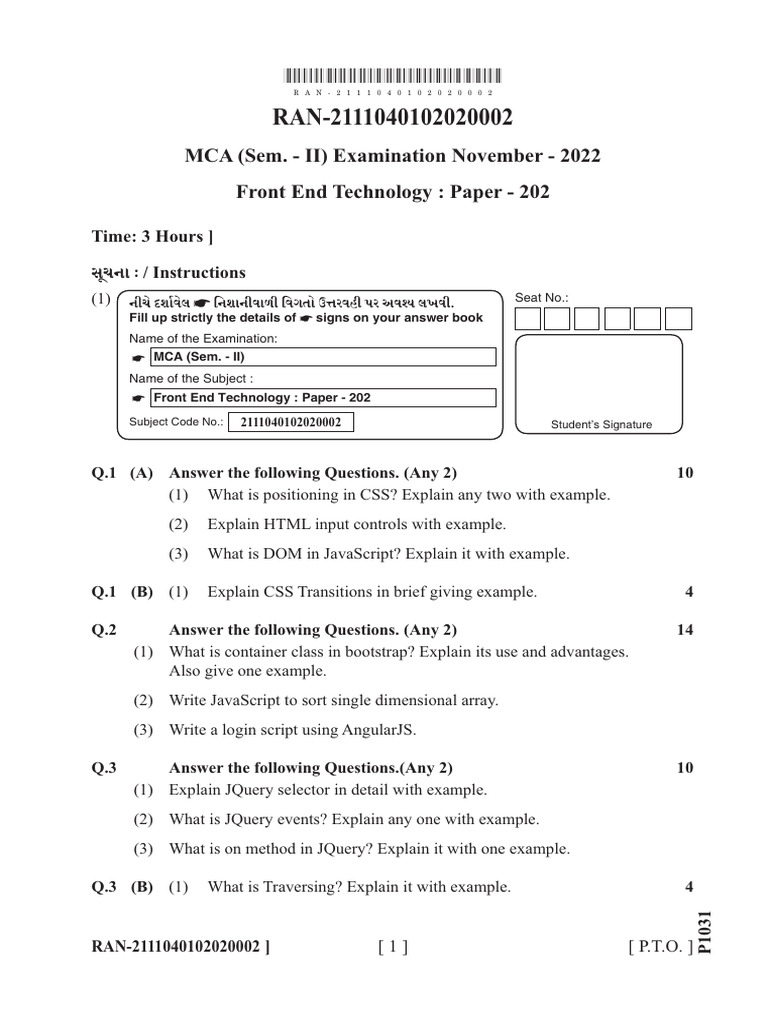 MCA (Sem. - II) Examination November - 2022 Front End Technology Paper - 202 | PDF | J Query | Json