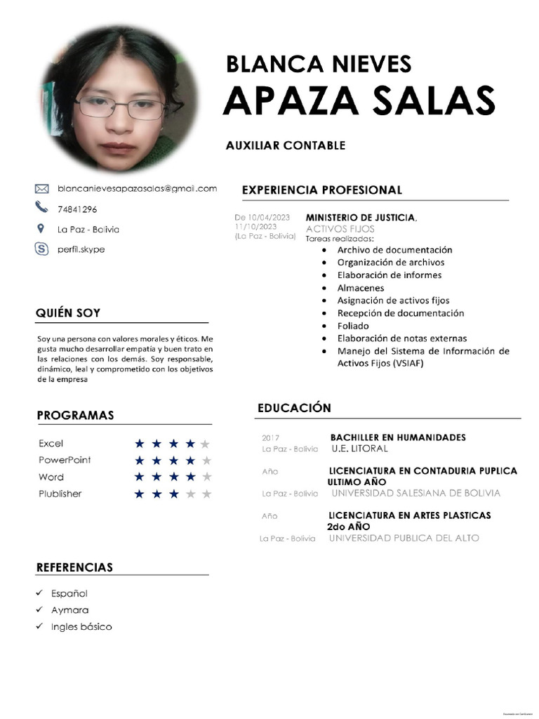 Curriculum-Vitae-Blanca Nieves Apaza Salas (1) - Página 1 | PDF