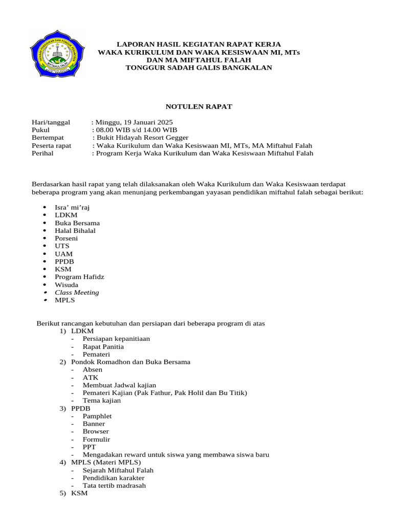 Laporan Hasil Rapat Kerja | PDF
