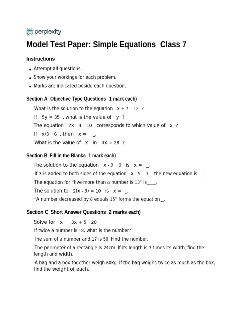 Class 7 Simple Equations Test Paper | PDF