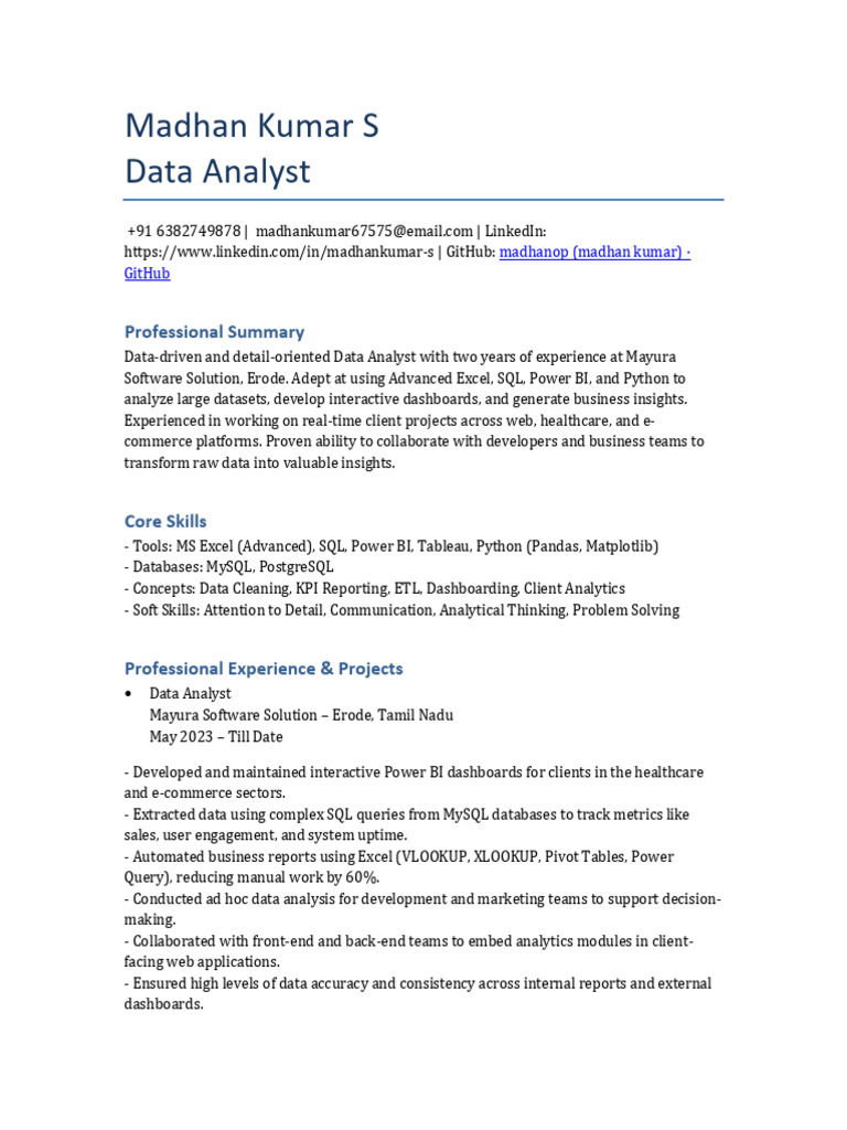 Madhan Kumar Data Analyst Resume | PDF | Data Analysis | Databases