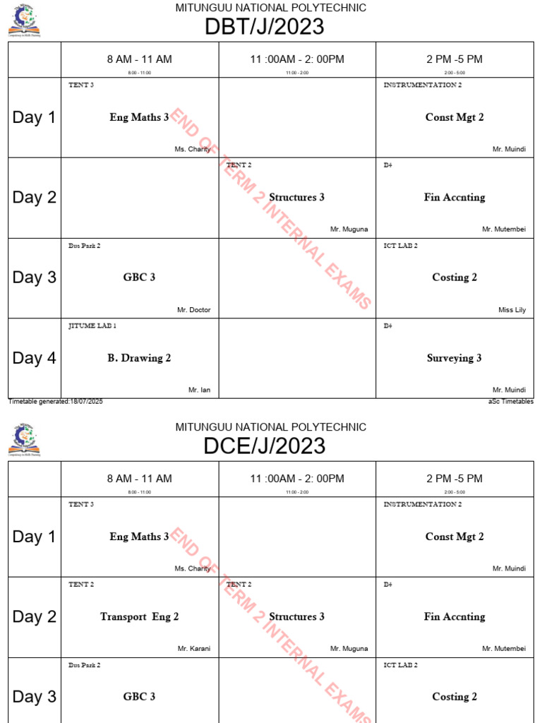 Mitunguu Polytechnic Term 2 Exam Timetable | PDF