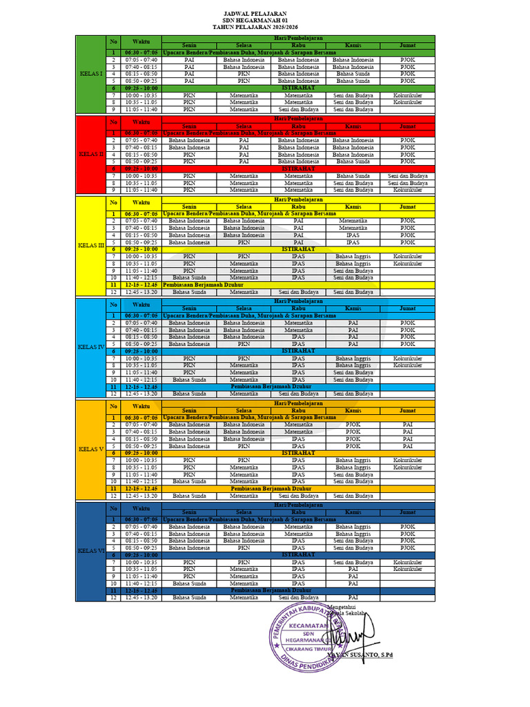Jadwal Pelajaran SDN Hegarmanah 01 | PDF