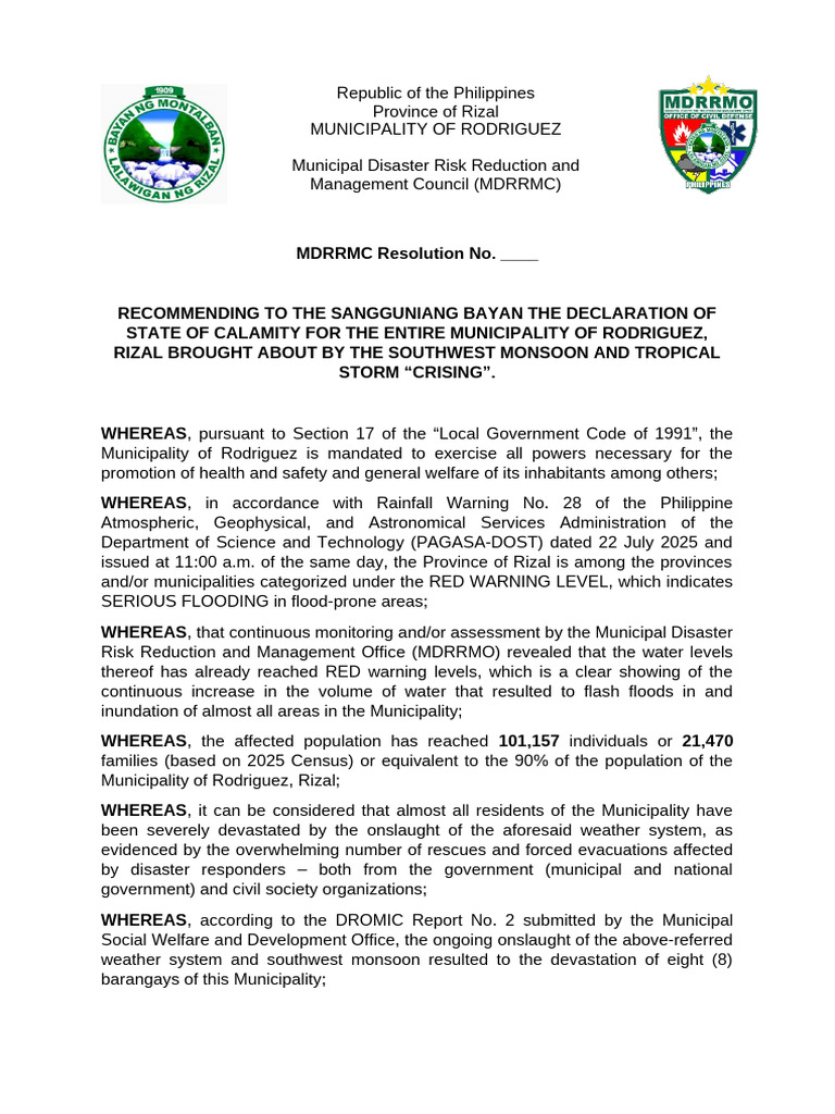 Declaration of State of Calamity | PDF | Flood | State Of Emergency