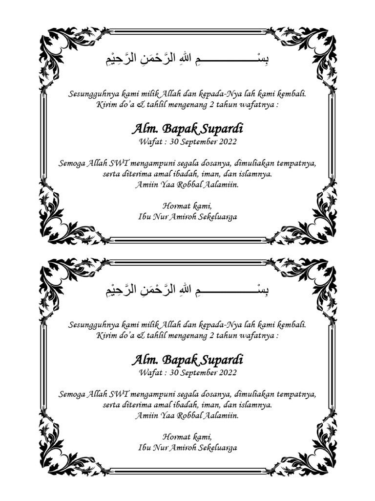 Doa dan Tahlil 2 Tahun Wafat Alm. Supardi | PDF