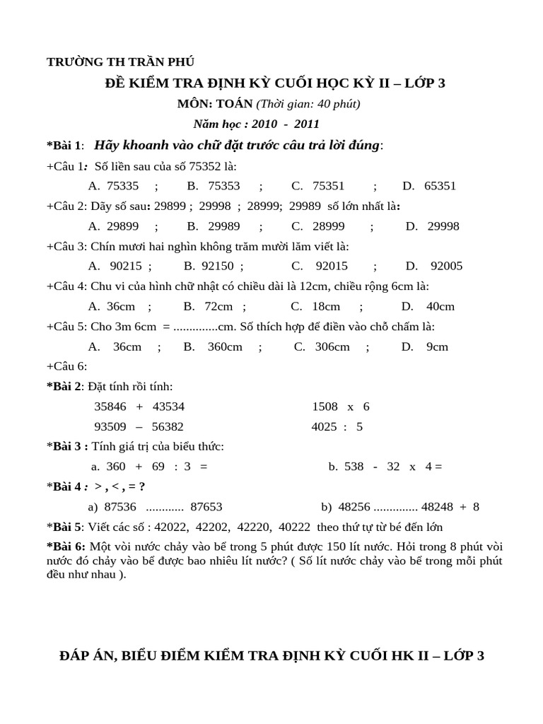De Thi Cuoi Ki 2 Toan Lop 3 20102011 Pdf