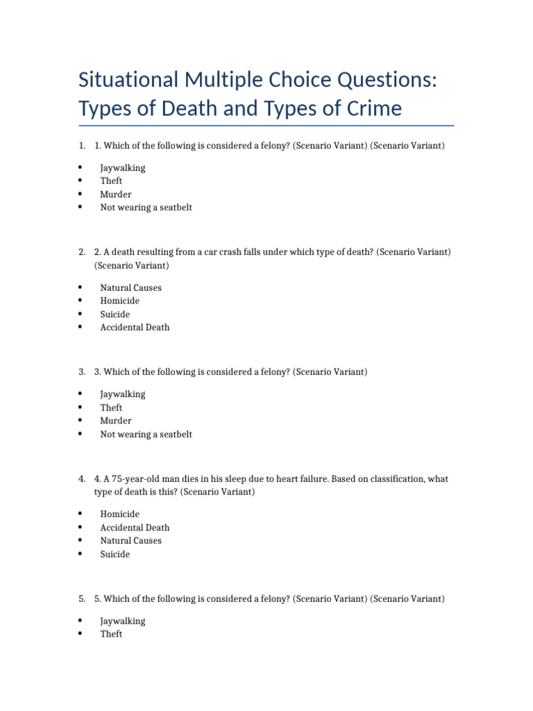 Death and Crime: Multiple Choice Quiz | PDF | Homicide | Murder
