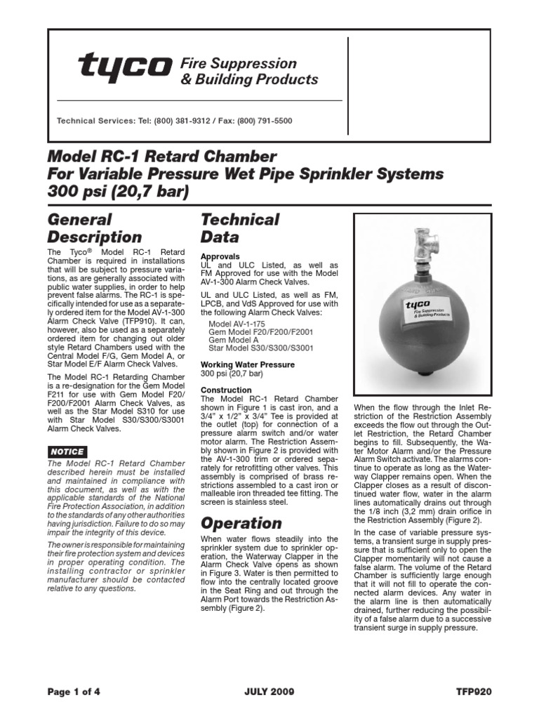 Tyco RC-1 Specifications | PDF | Valve | Fire Sprinkler System