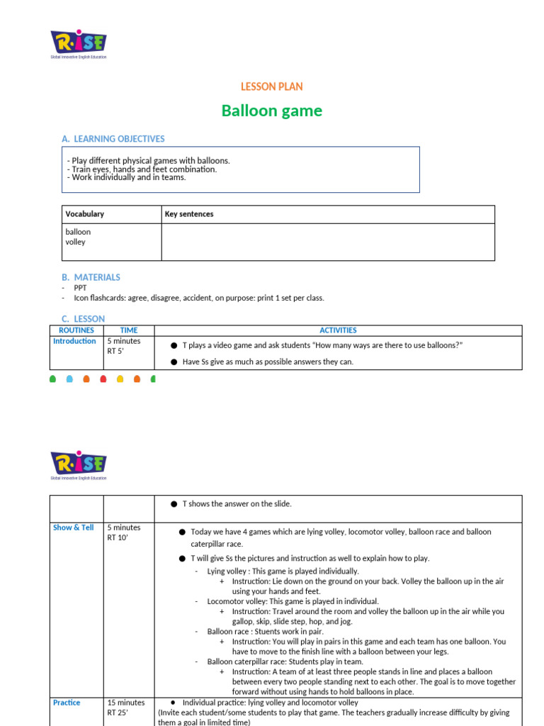 Lesson Plan - PE - Balloon Game | PDF | Learning | Human Communication