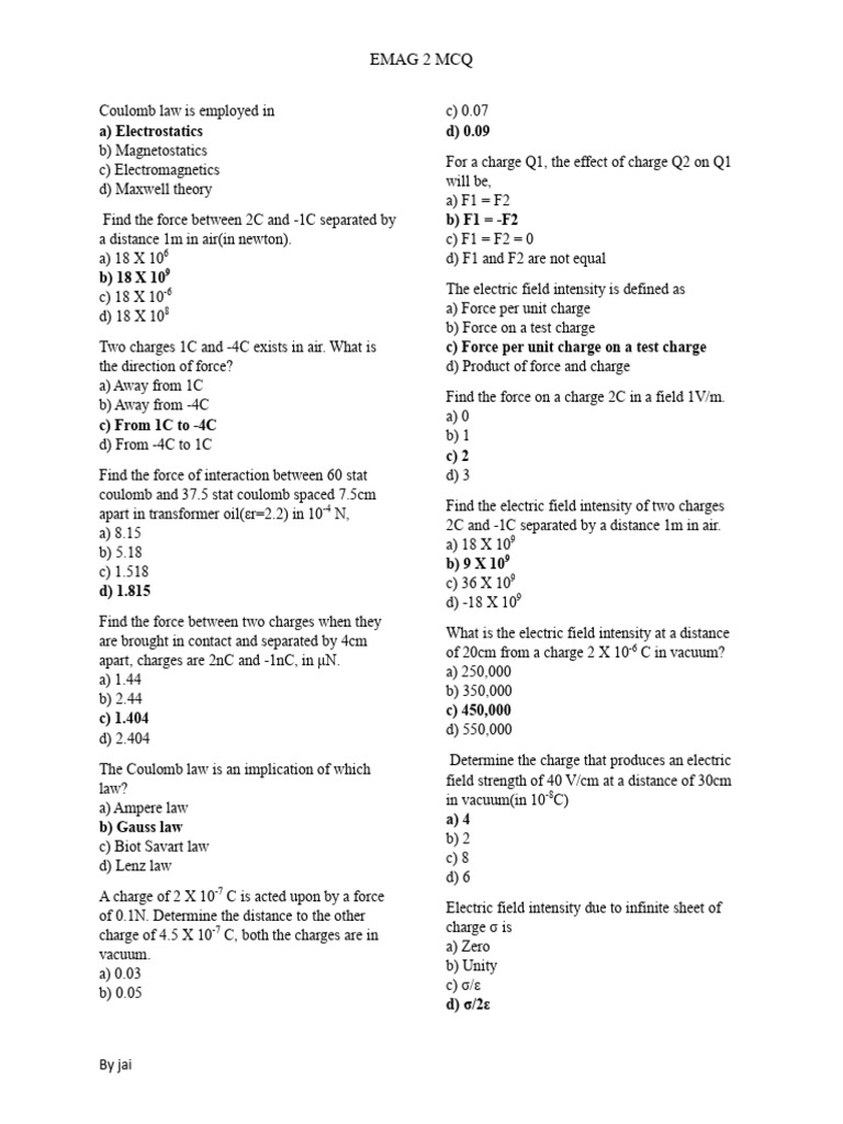 EMAG MCQs on Coulomb's Law and Fields | PDF | Magnetic Field | Electric ...