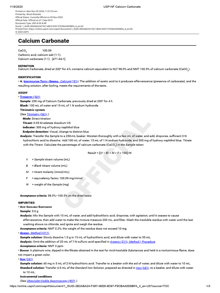 USP-NF Calcium Carbonate | PDF | Titration | Chemistry