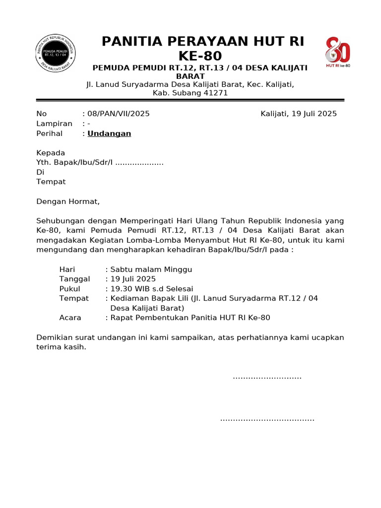 Undangan Rapat Panitia HUT RI Ke-80 | PDF