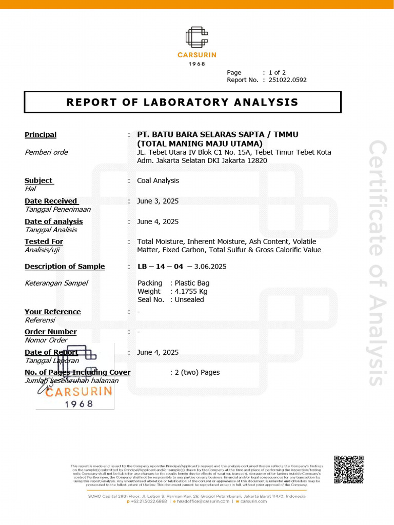Certificate Es 018 Pt. Batu Bara Slaras Sapta | PDF | Fuels | Chemical ...