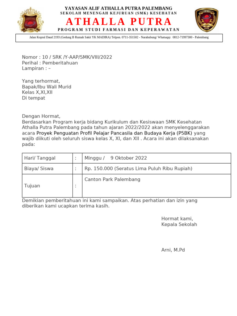 Surat Pemberitahuan Kegiatan Outbound | PDF