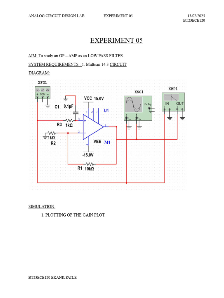 Op-Amp Low Pass Filter Experiment | PDF