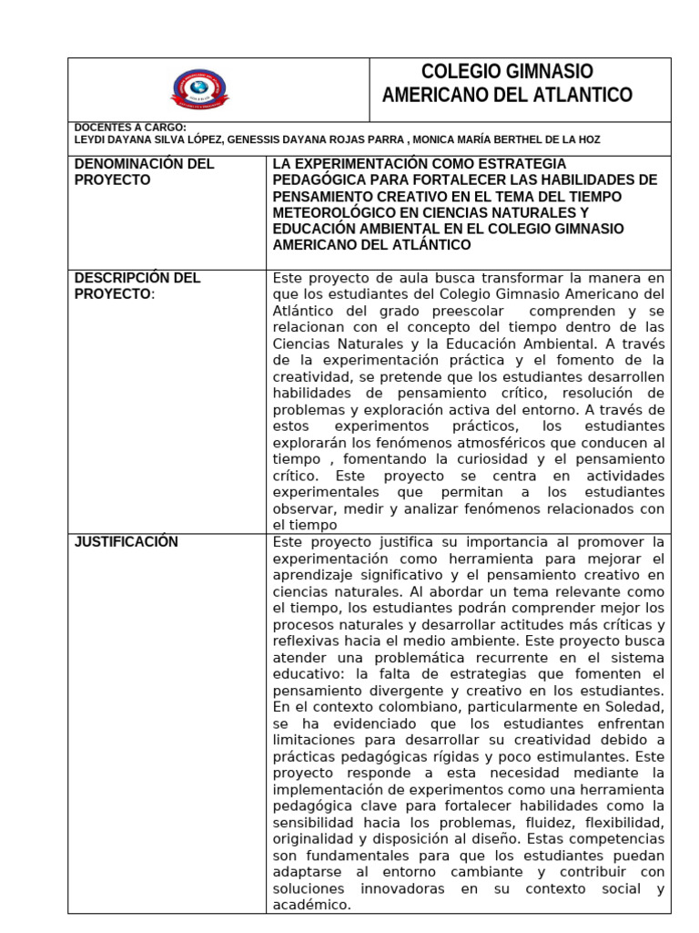 Proyecto de Aula Preescolar 2025 | PDF | Aprendizaje | Educación de la ...