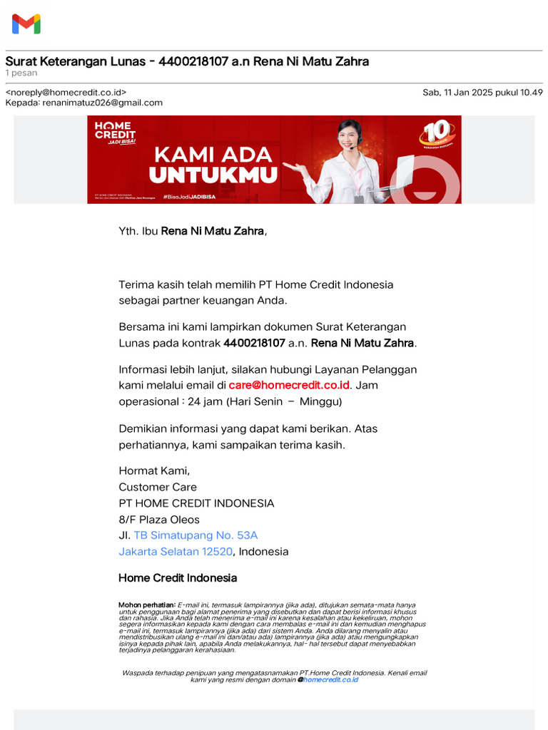 Gmail - Surat Keterangan Lunas - 4400218107 A.N Rena Ni Matu Zahra | PDF