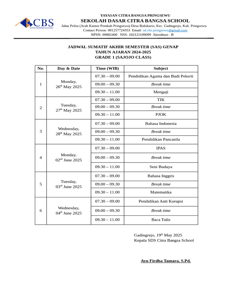 Jadwal Sas Genap Ta 24-25 | PDF
